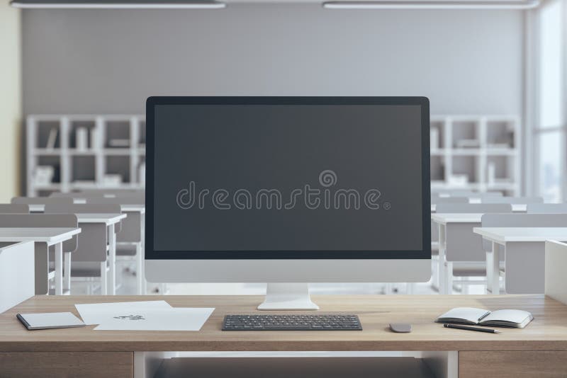 Black Computer Screen on Table in Luxury Classroom Interior Stock ...