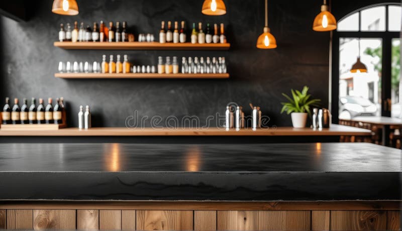 Black Concrete Countertop in Bar with Blurred Cafe Background Stock ...