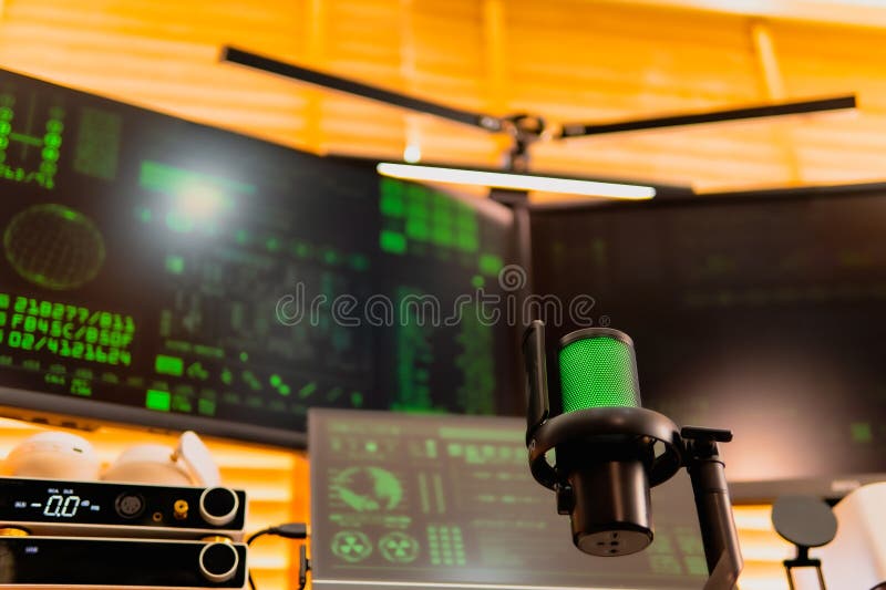 Black Condenser Microphone with Green LED Light, Hacker Coding Interface on Monitors, Modern ...