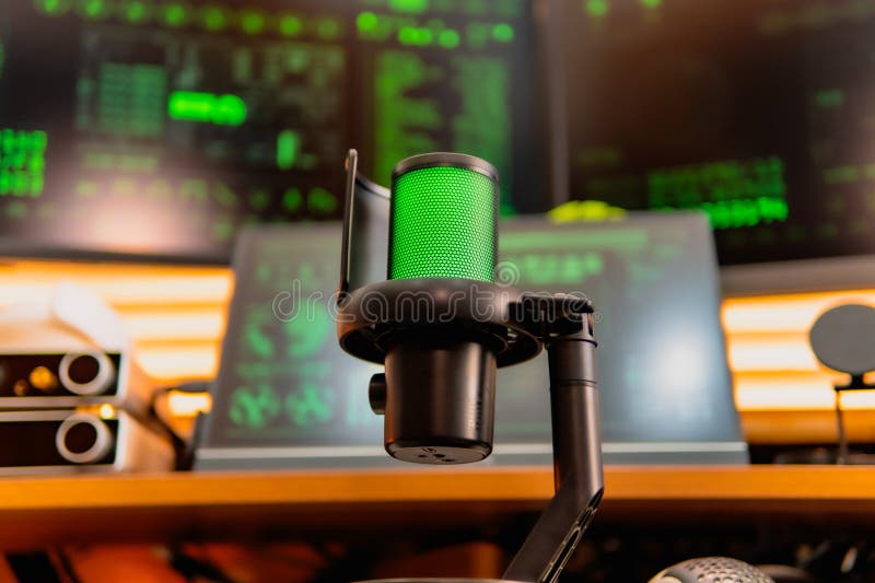 Black Condenser Microphone with Green LED Light, Hacker Coding Interface on Monitors, Modern ...
