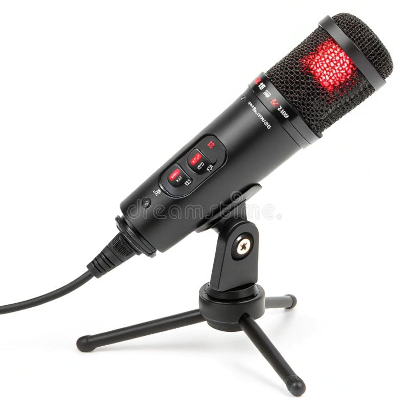 Black Condenser Microphone Red Light Isolated White Background Stock ...