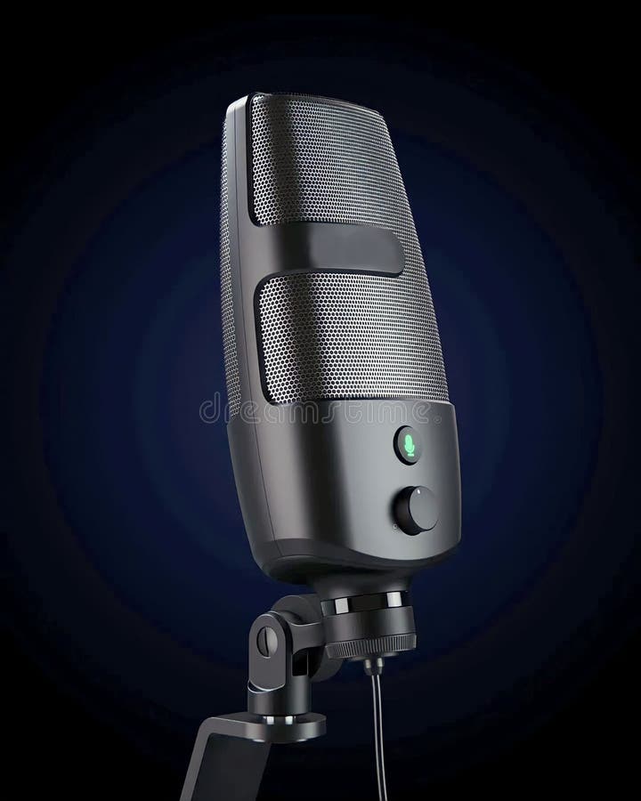A Black Condenser Microphone with a Silver Mesh Grille and a Green LED ...