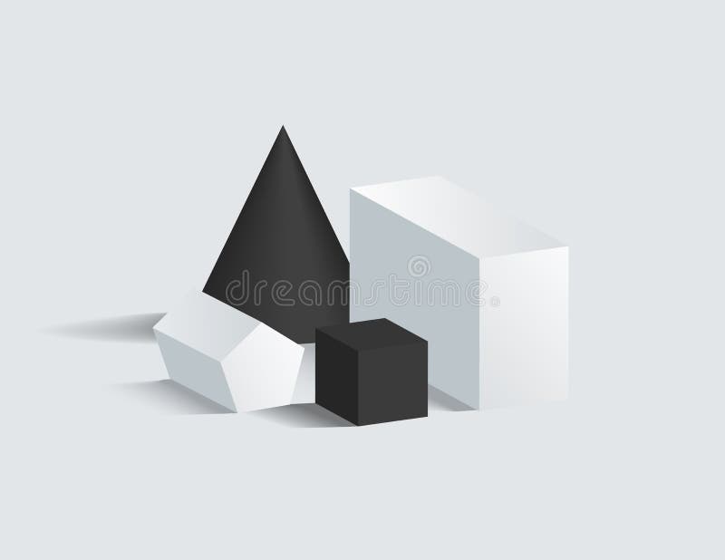 Black Cone and Cube, Cuboid and Pentagrammic Prism Stock Vector ...