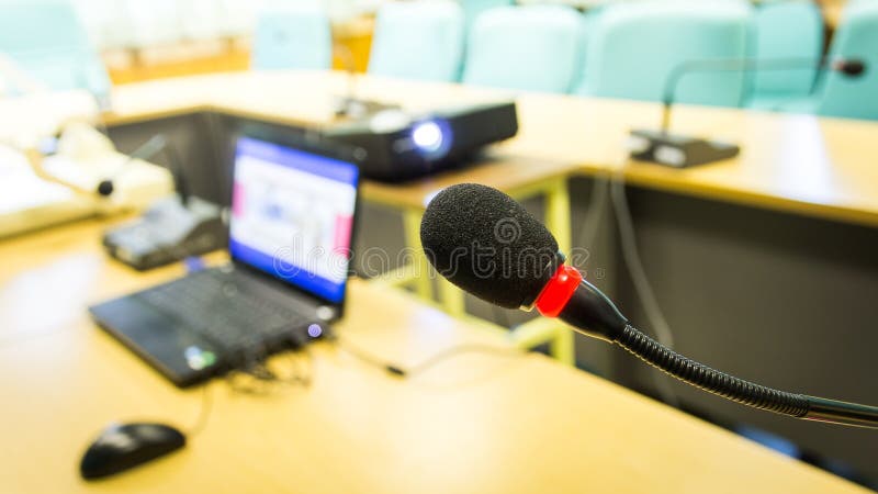 Black Conference Microphone and Computer Used for Meetings and T Stock ...
