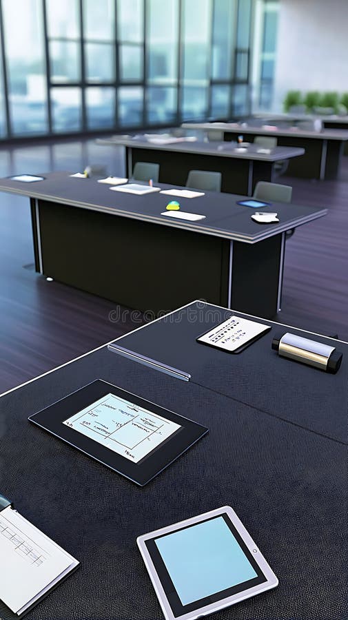 A Black Conference Room with a Table and Chairs Stock Photo - Image of ...