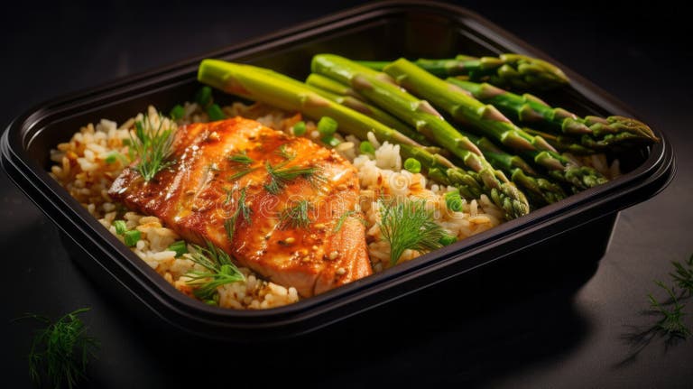 A Black Container Filled with Rice, Asparagus and Salmon Stock Photo ...