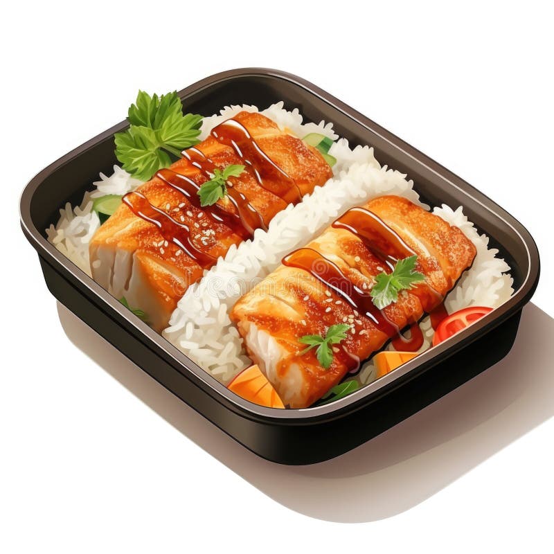 A Black Container Filled with Rice and Meat Covered in Sauce. Stock ...