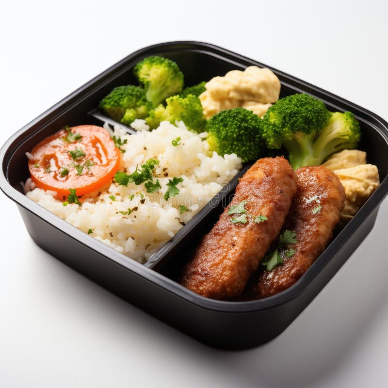 A Black Container Filled with Rice, Meat and Vegetables. Stock Image ...