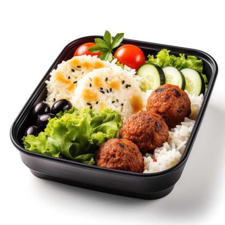 A Black Container Filled with Rice and Meatballs. Stock Illustration ...