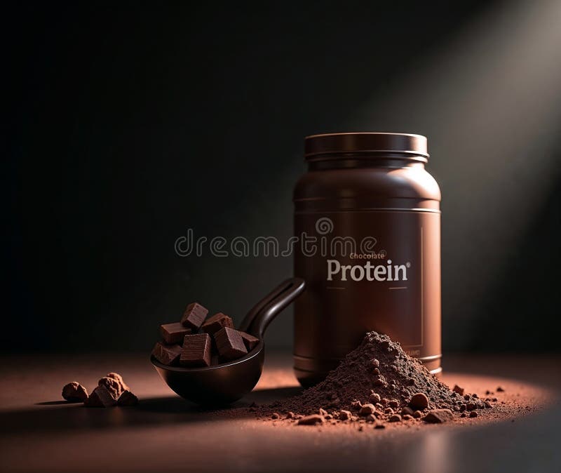 A Black Container of Protein Powder is Next To a Spoonful of Chocolate ...