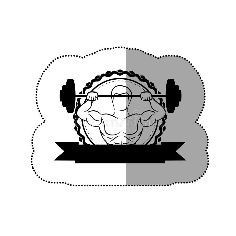 Black Contour Sticker Frame with Muscle Man Lifting a Disc Weights and ...