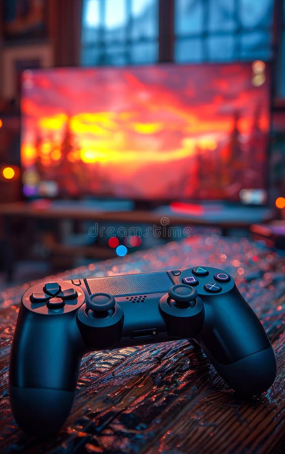 A Black Controller Sits on a Wooden Table in Front of a Television ...