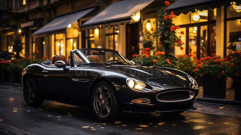 Black Convertible Car Parked Outside Evening Restaurant Stock ...