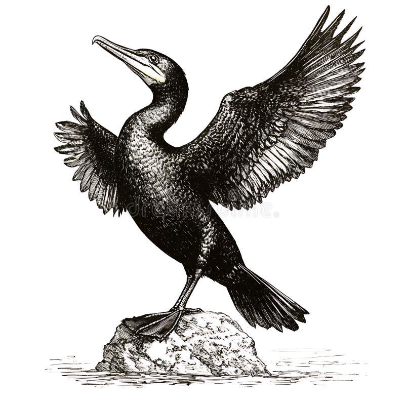 Black Cormorant Bird Perched on Rock, Wings Outstretched Stock ...
