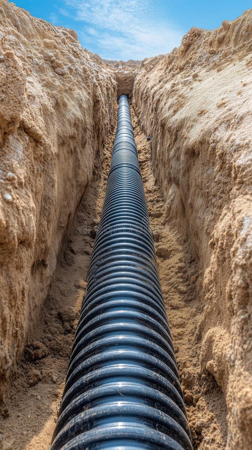Black Corrugated Pipe Underground in Sandy Trench Utility Installation ...