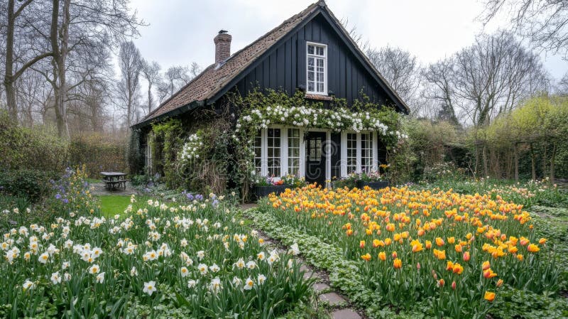 Black Cottage Garden Spring Flowers Blooming Stock Illustration ...