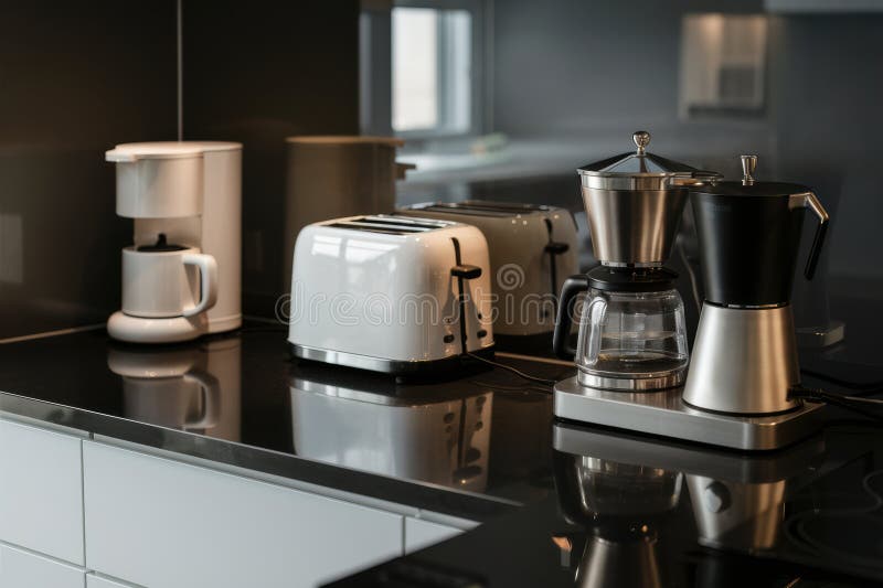 A Black Counter Top with a Toaster, Coffee Maker and Blender, AI Stock ...