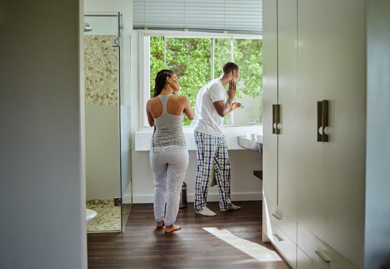 Black Couple Morning And Bathroom Routine Together For Hygiene
