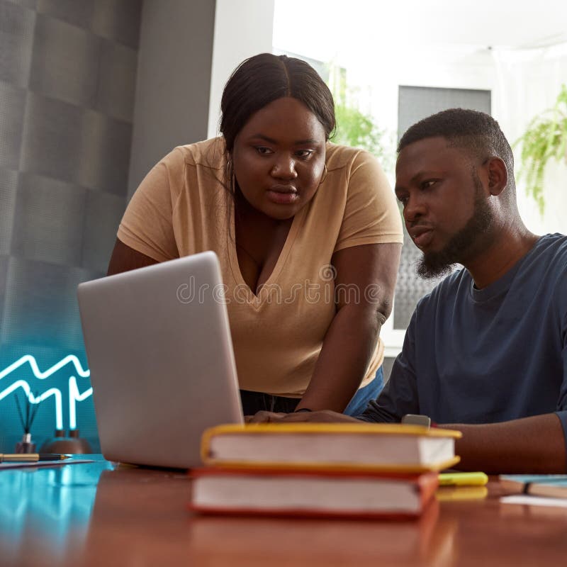 Black Couple Watch on Laptop during Work at Home Stock Photo - Image of ...