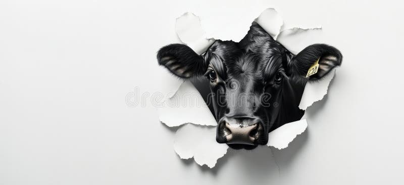 Black Cow Breaking through White Wall with Torn Paper Effect and Ear ...