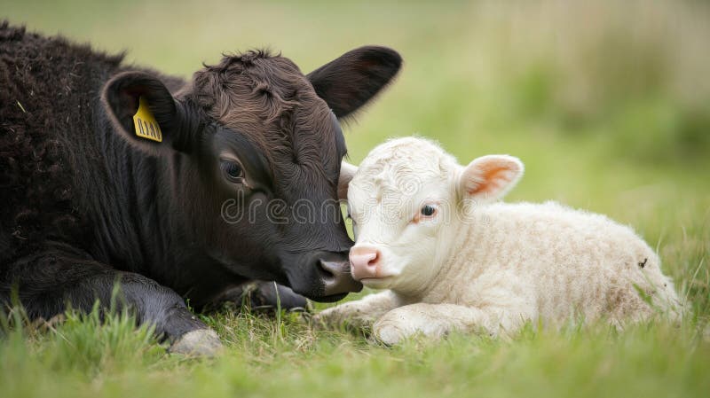 Black Cow and White Calf Resting Together in a Green Pasture Stock ...