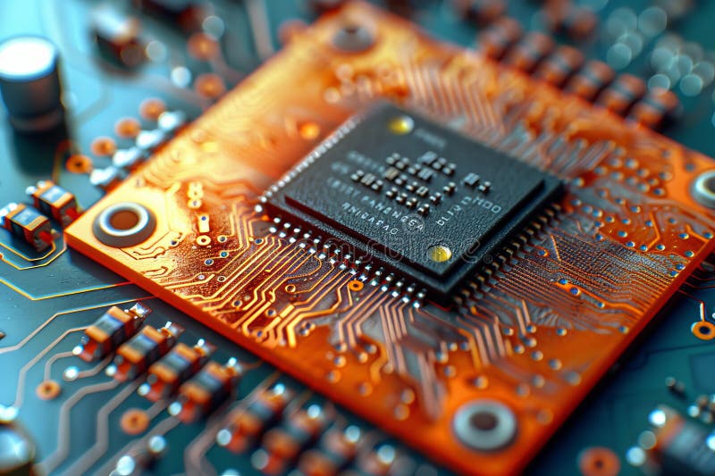 Close-up of an Orange Circuit Board with a Black Computer Chip in the ...