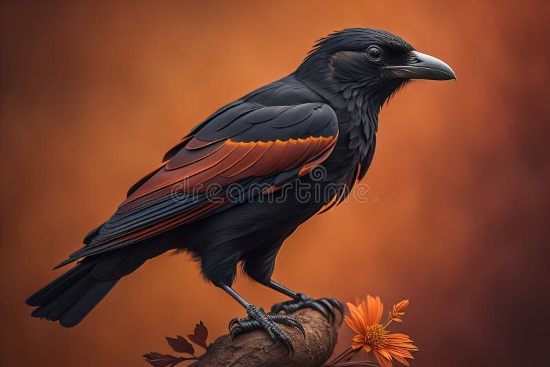 Black Crow on a Branch with Orange Flowers. Generative Ai Stock ...