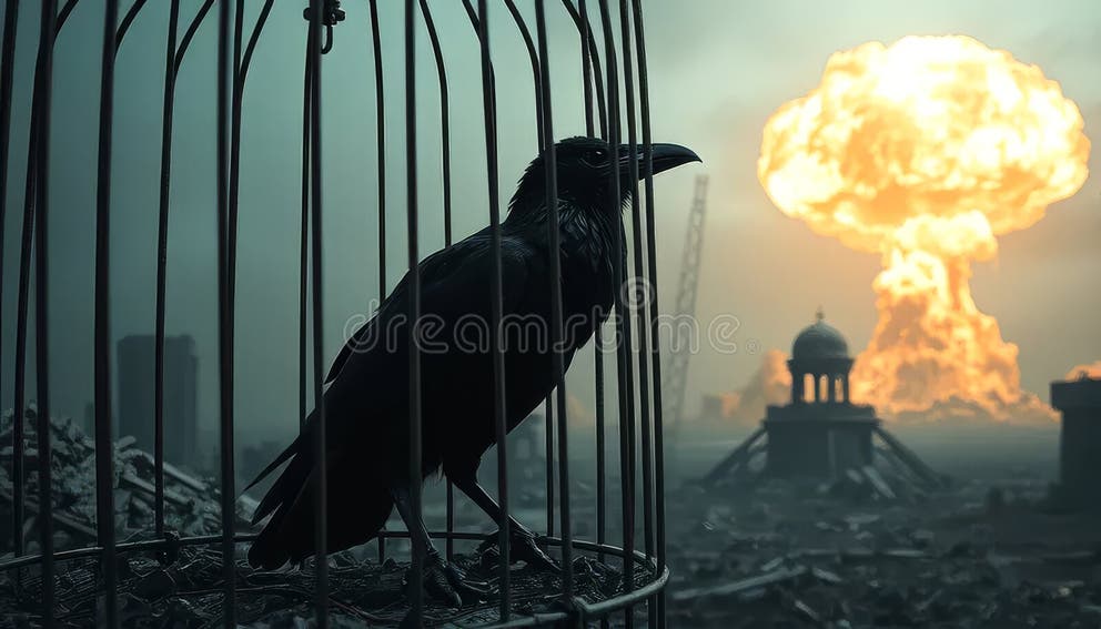 Black Crow is in a Cage in Front of a Building that is on Fire Stock ...