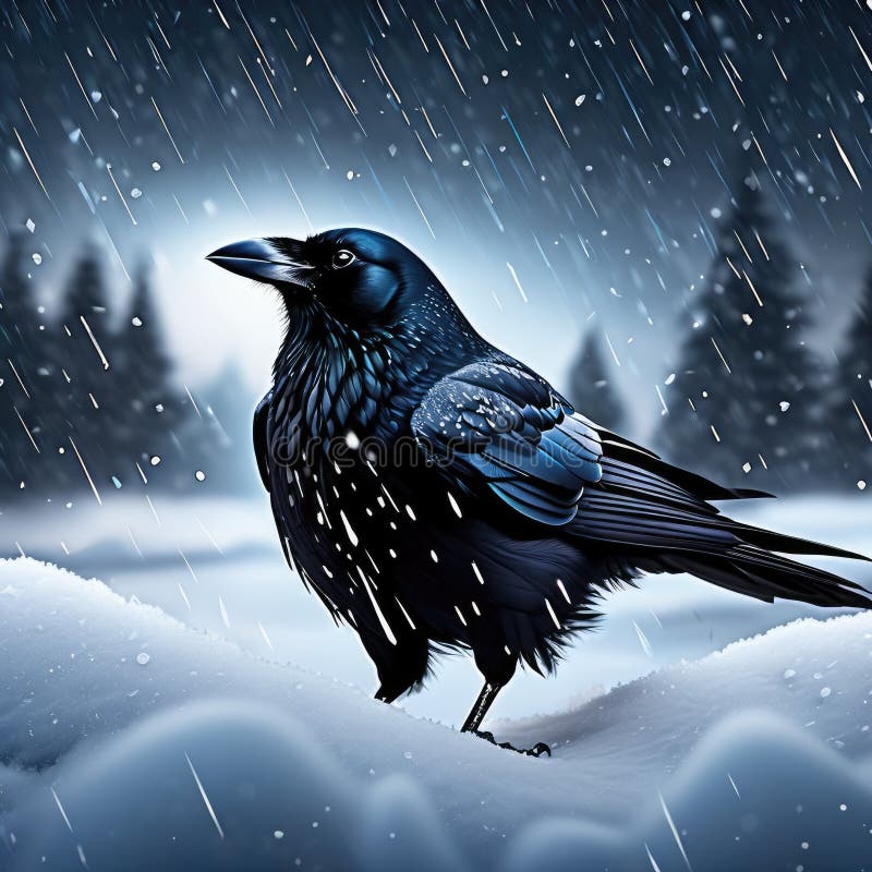 Black Crow in a Dramatic Snowy Winter Scenery Illustration Stock Image ...