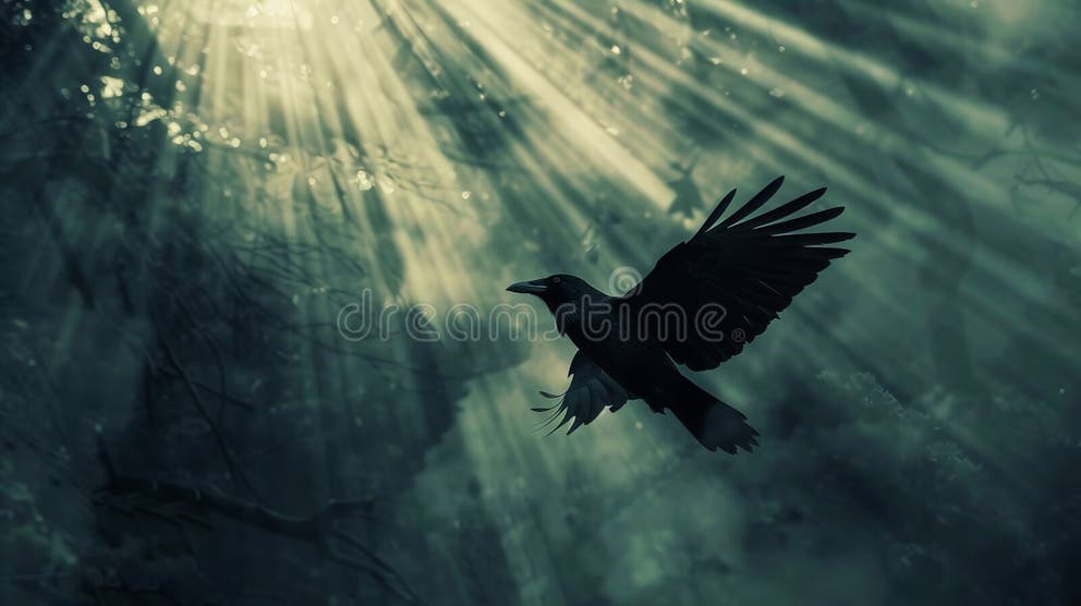 A Black Crow Flying through the Forest with Sunlight Coming through ...