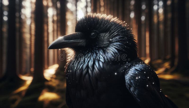 Black Crow with Glitter on Feathers in the Middle of the Forest Stock ...
