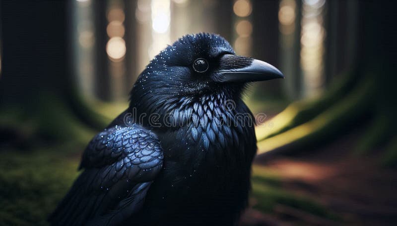 Black Crow with Glitter on Feathers in the Middle of the Forest Stock ...