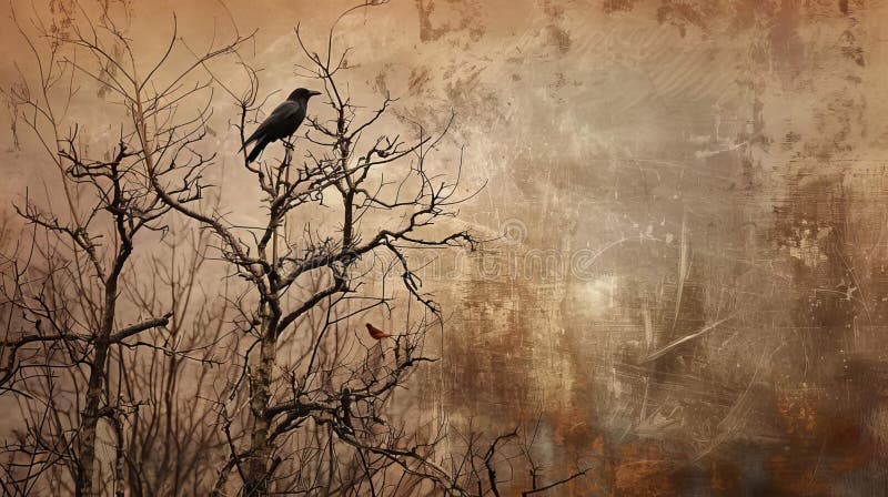 Black Crow Perched on Bare Branches in Autumnal Painting Stock ...