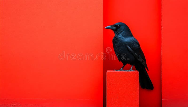 A Black Crow is Perched on a Red Cube Stock Image - Image of wildlife ...