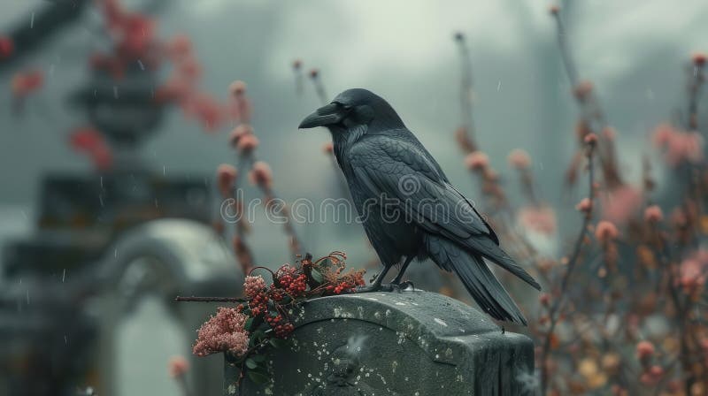 A Black Crow Perched on a Tombstone Stock Illustration - Illustration ...