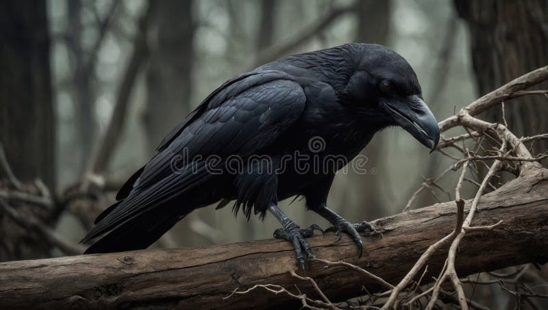 A Black Crow is Perched on a Tree Branch Stock Illustration ...