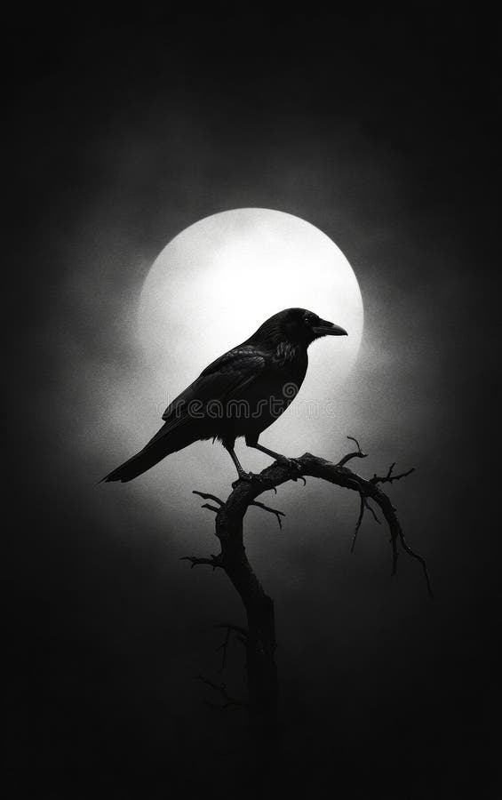A Black Crow is Perched on a Tree Branch in Front of a Full Moon Stock ...