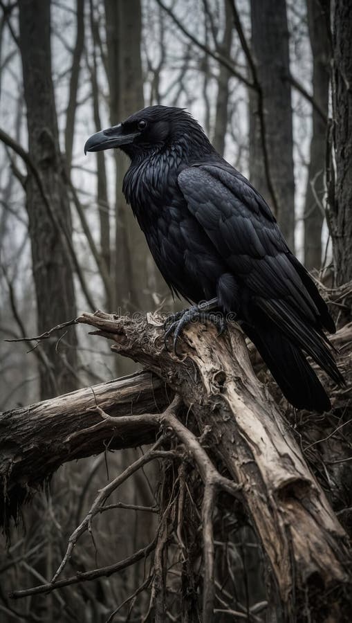A Black Crow is Perched on a Tree Branch Stock Illustration ...