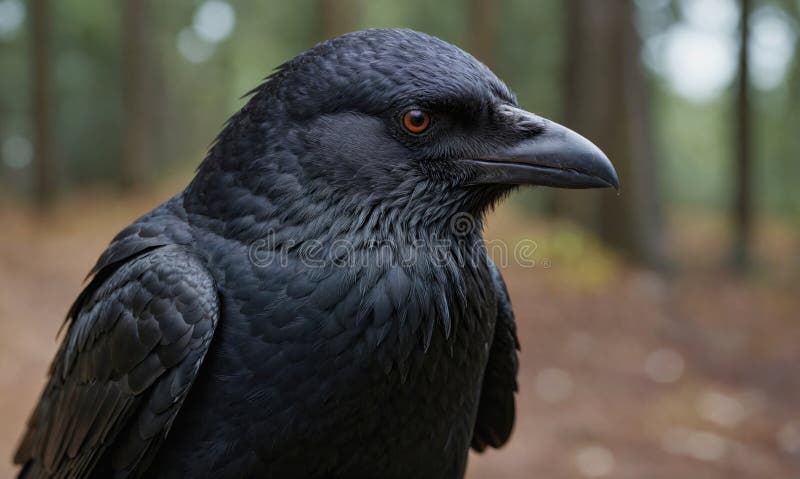 A Black Crow Perches in a Forest, Looking Alertly To the Side Stock ...
