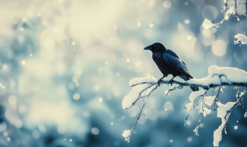 A Black Crow is Sitting on a Branch Covered in Snow Stock Image - Image ...