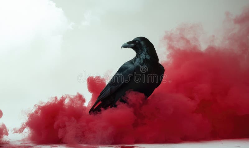 A Black Crow is Sitting on a Red Cloud of Smoke Stock Illustration ...