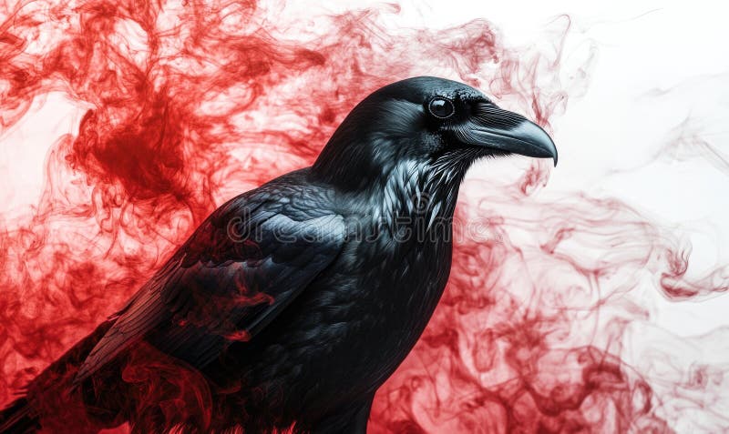A Black Crow is Standing in Front of a Red Smoke Stock Photo - Image of ...