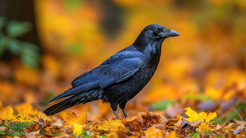 A Black Crow Stands on Autumn Leaves Stock Illustration - Illustration ...