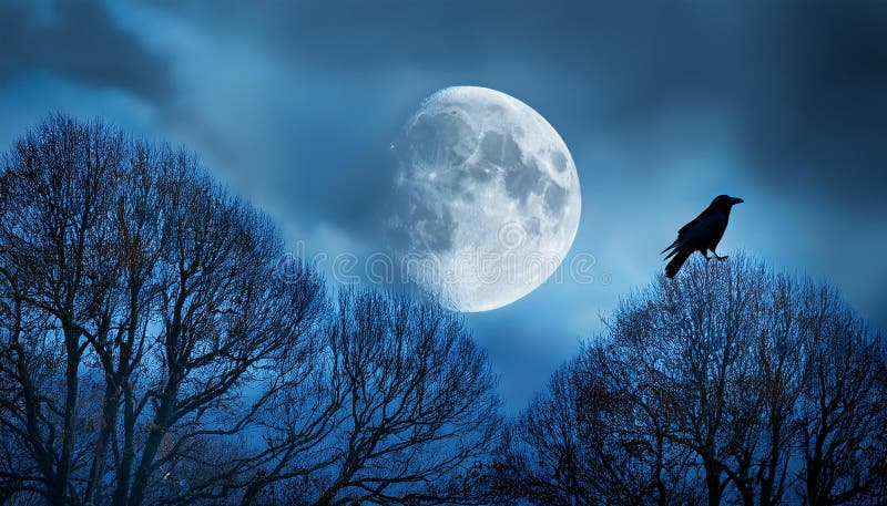 Black Crow on Tree with Full Moon Stock Illustration - Illustration of ...
