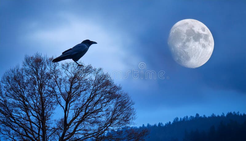 Black Crow on Tree with Full Moon Stock Illustration - Illustration of ...