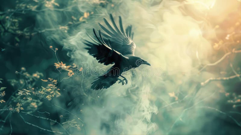 Black Crows in Misty Forest. Fantasy World Stock Photo - Image of crows ...