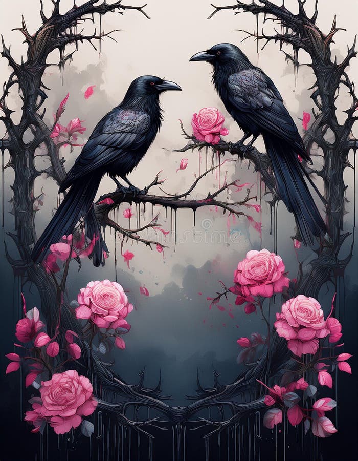 Black Crows Sitting on a Branch with Pink Flowers Stock Illustration ...