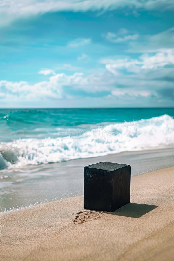 A Black Cube on the Beach Near the Ocean Stock Photo - Image of cloud ...