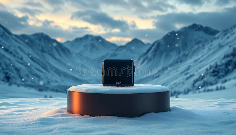 Black Cube on Bronze Platform Amidst Snowy Mountains at Sunset Stock ...