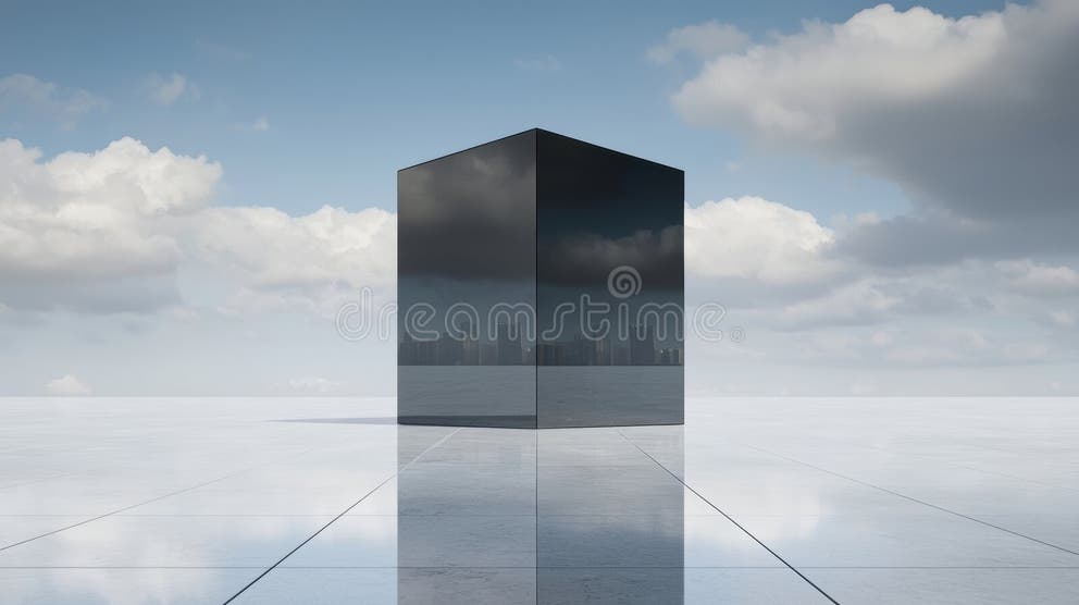 A Black Cube with a City Skyline Reflected in Its Surface Sits on a ...
